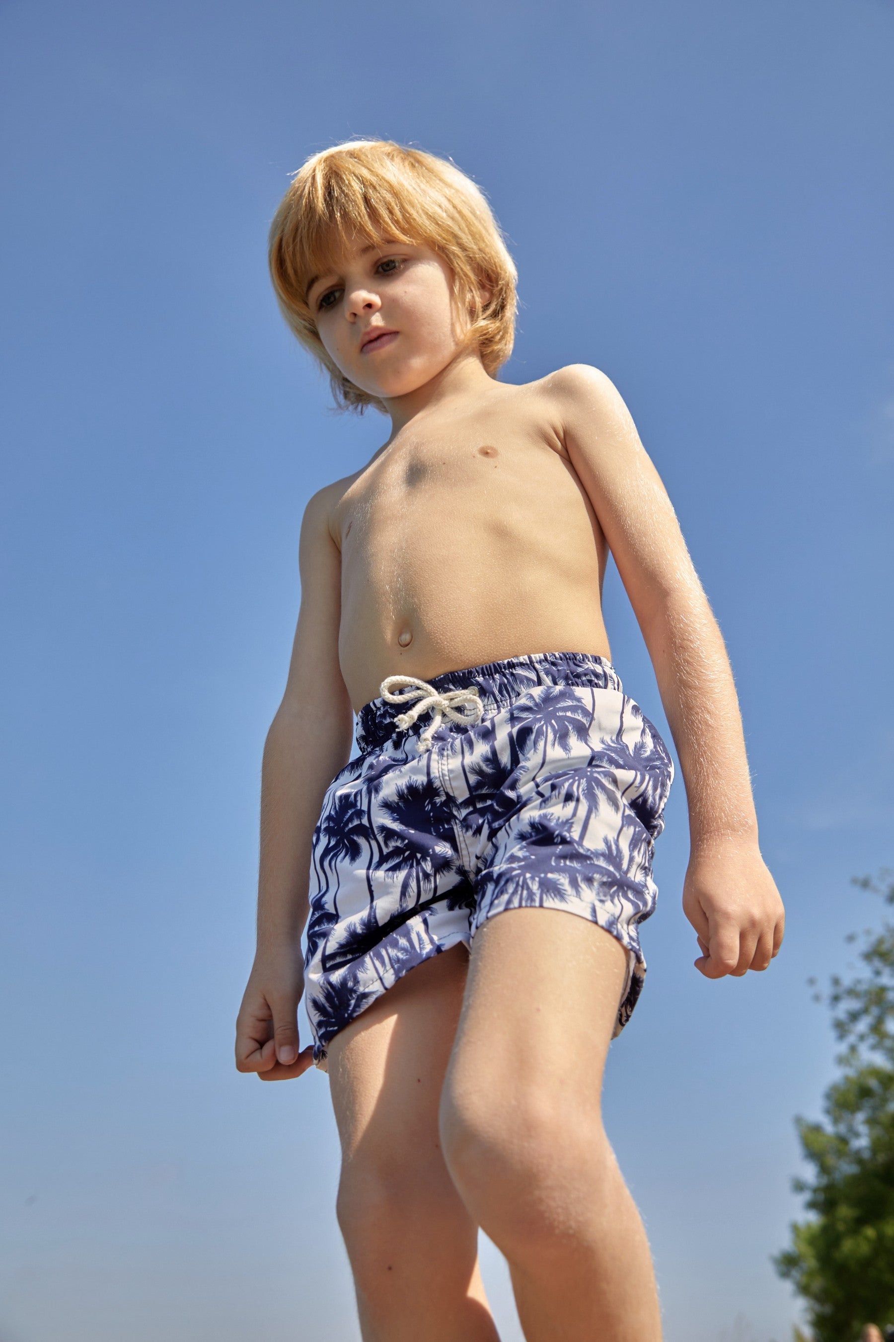 SUNCRACY WHITE AND NAVY PALM TREE PRINT SWIM TRUNKS – BellaKidsNY